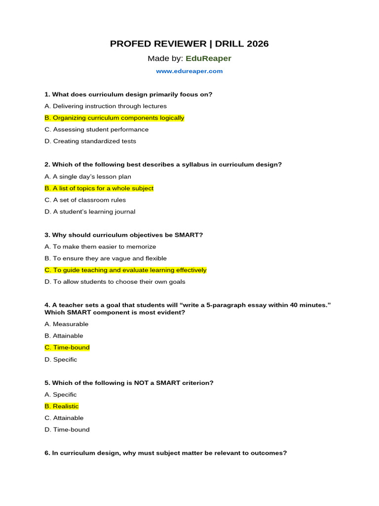 Free Profed Let Reviewer 2026 | PDF | Curriculum | Teachers