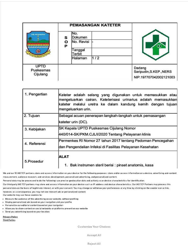 PDF Sop Pemasangan Kateter Compress | PDF
