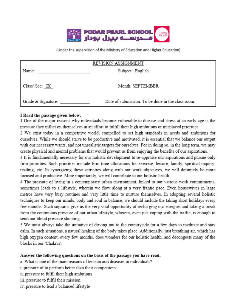 Class 9 HY English Revision Assignment 2 | PDF