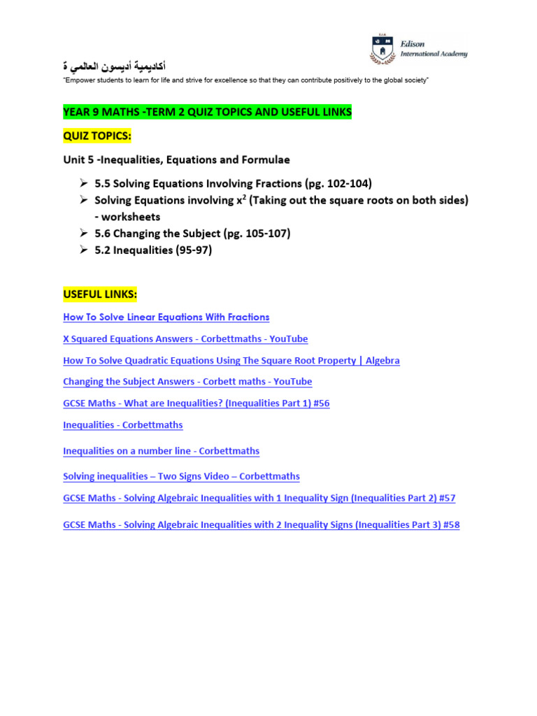 Term 2 Quiz Topics and Useful Links | PDF