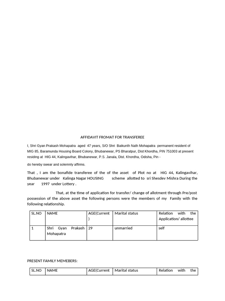Affidavit Format for Property Transfer | PDF | Affidavit | Practice Of Law