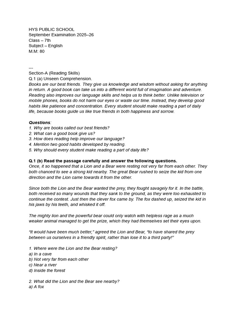 7th English Question Paper HYS | PDF