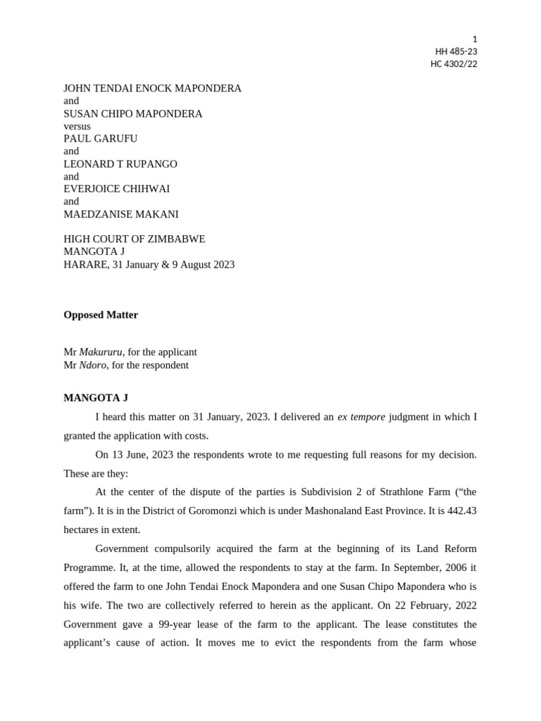 Farm Eviction Case: Mapondera vs Garufu | PDF | Lease | Lawsuit