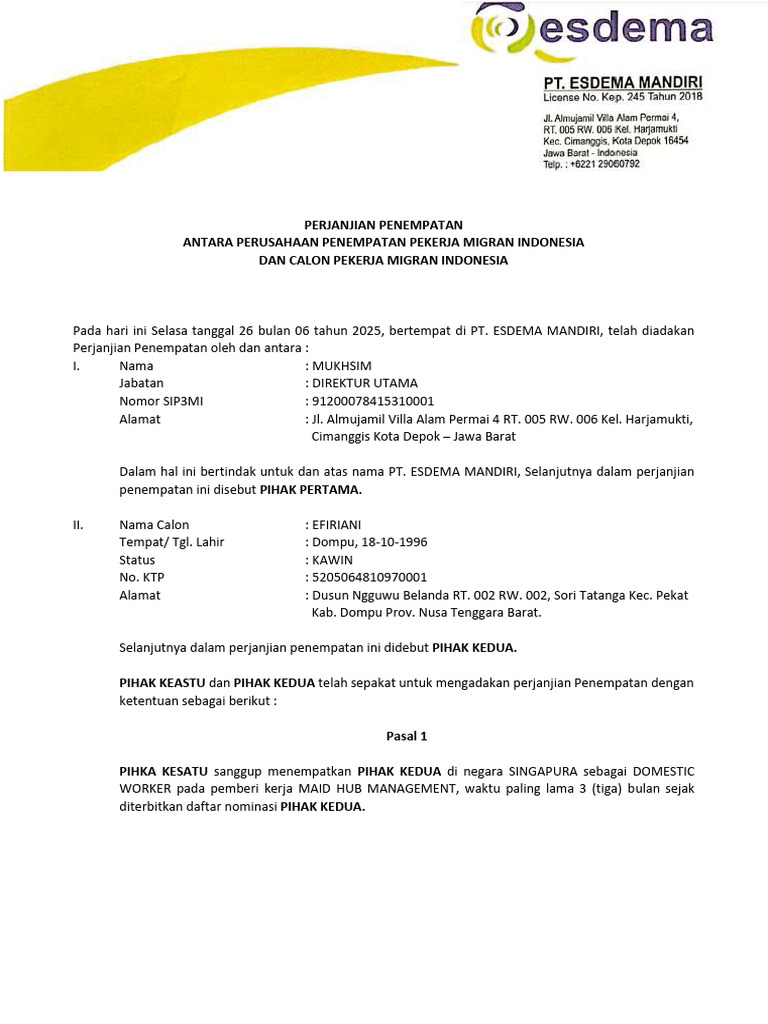 Perjanjian Penempatan Pekerja Migran | PDF