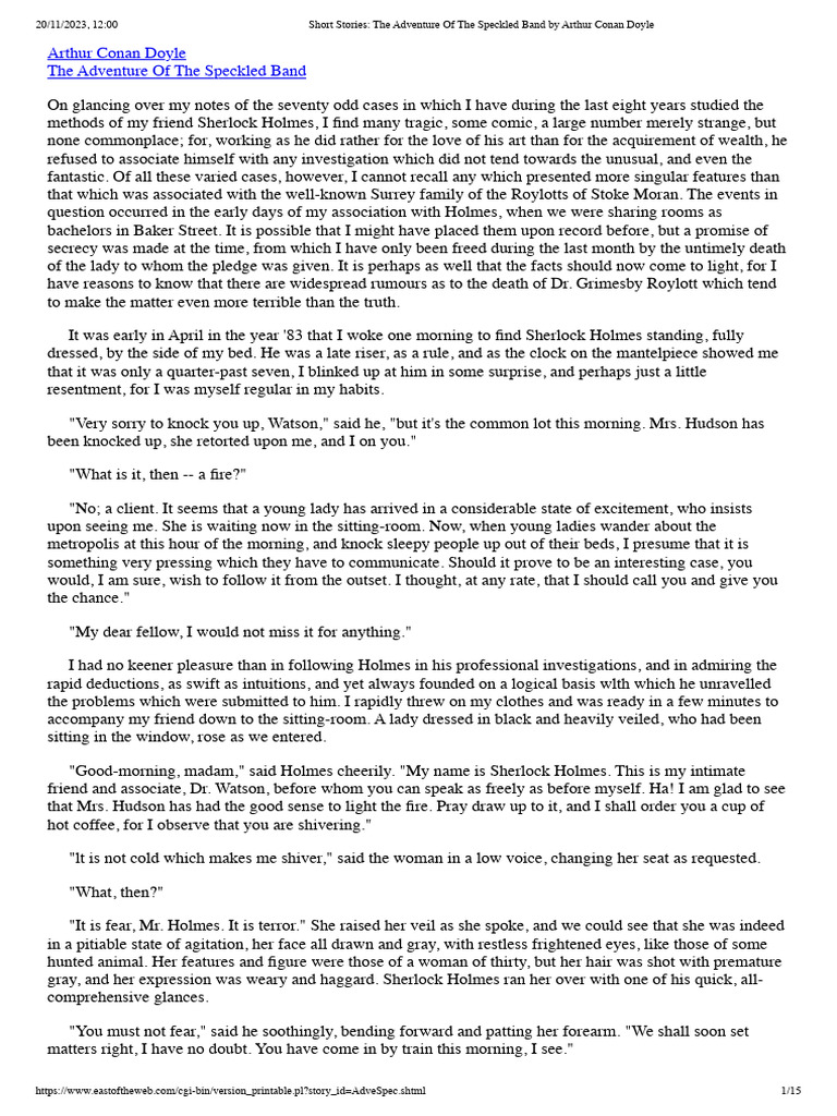 The Adventure of The Speckled Band by Arthur Conan Doyle - Full Text ...