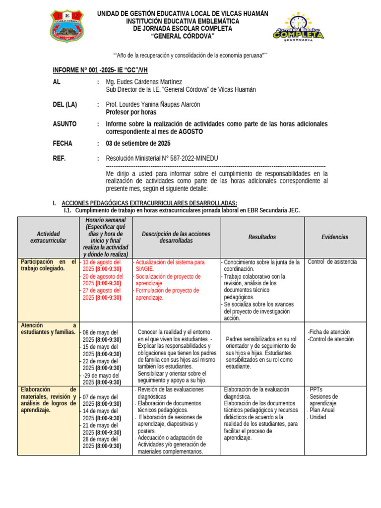 MAYO Informe Sobre Horas Adicionales (Prof. Lourdes Yanina Ñaupas ...
