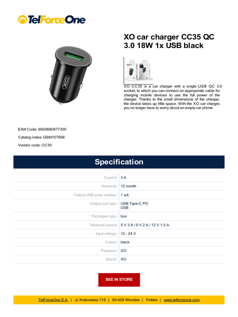 Xo Car Charger Cc35 1usb QC Usb A Black | PDF