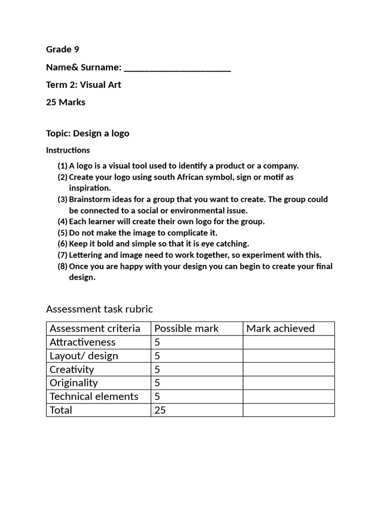 Grade 9 Visual Art Logo Design Task | PDF