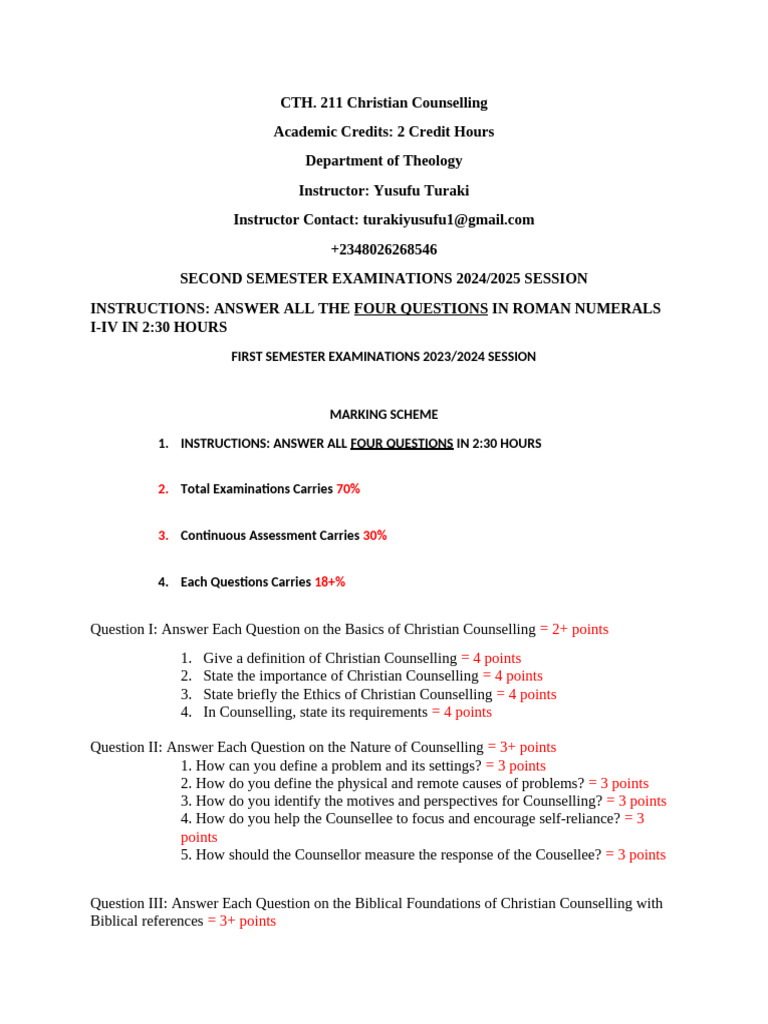 CTH 211 Marking Scheme Christian Counselling Syllabus. 1 Semester 2024 ...