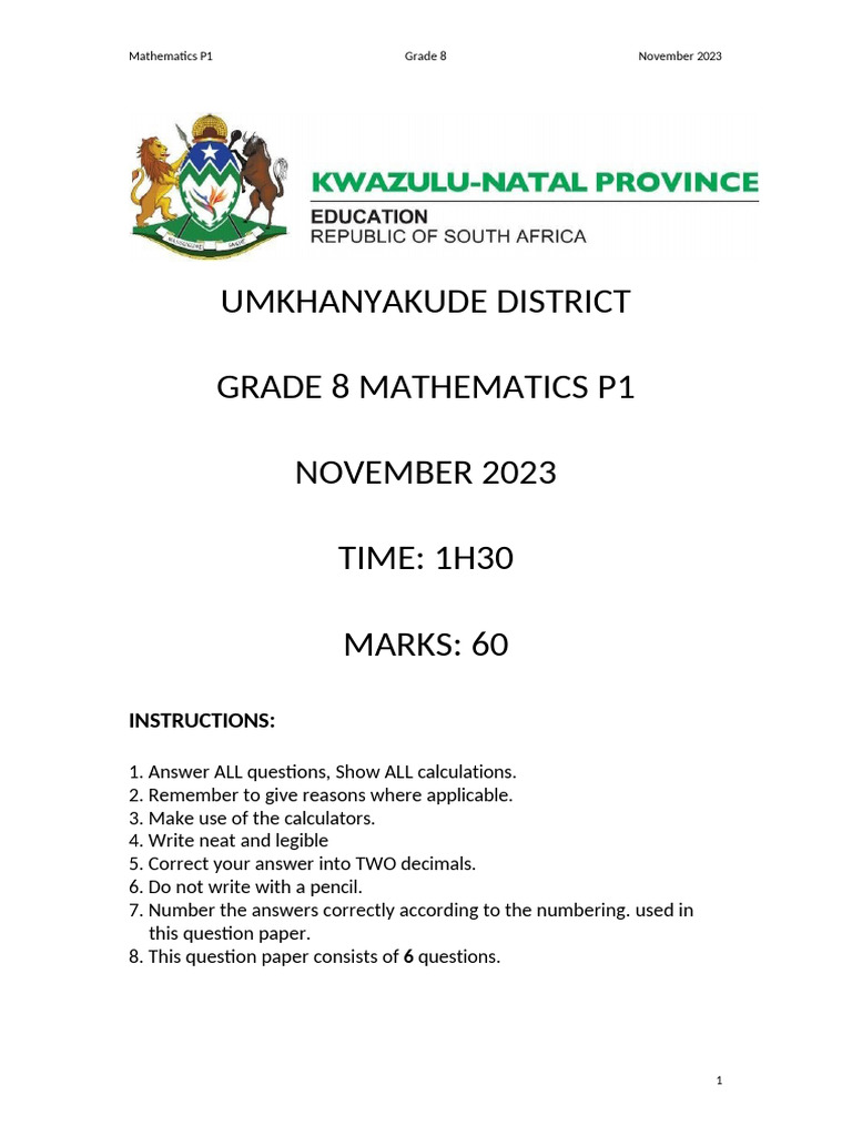 Grade 8 Maths P1 QP | PDF | Mathematics