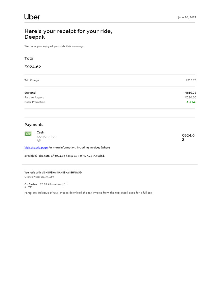 Ride Receipt and Tax Breakdown | PDF