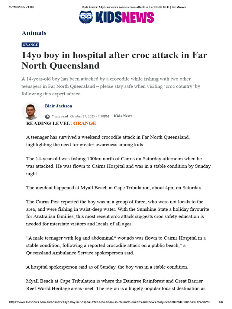 Kids News - 14yo Survives Serious Croc Attack in Far North QLD ...