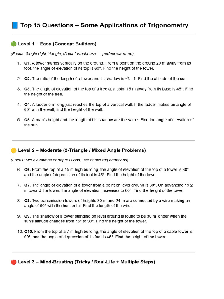 Trigonometry Applications: 15 Key Questions | PDF | Angle | Elementary ...
