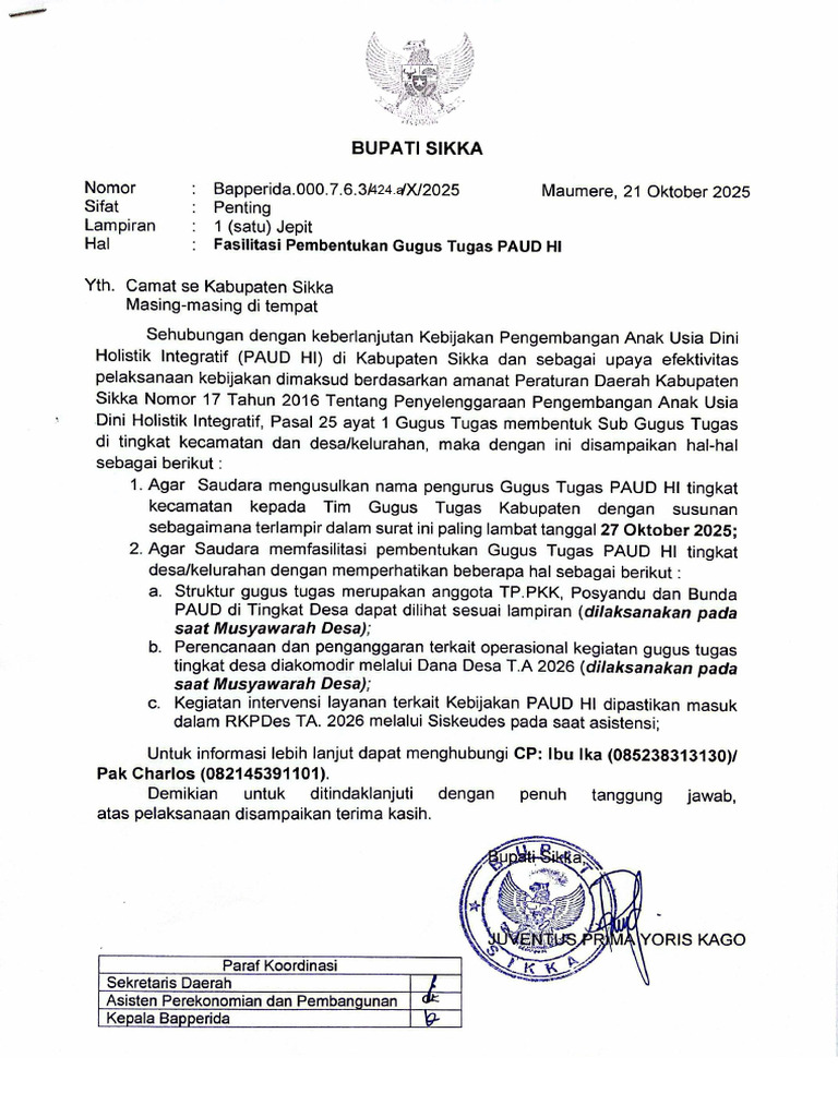 Surat Fasilitasi Pembentukan Gugus Tugas PAUD HI | PDF