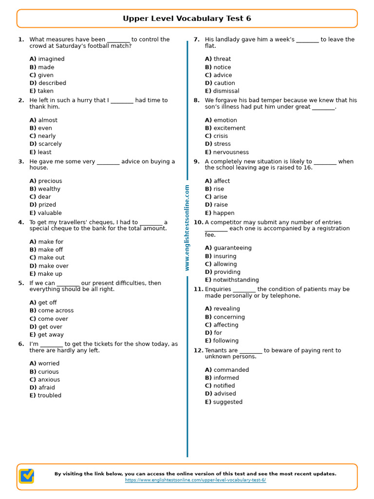 Upper Level Vocabulary Test 6 | PDF