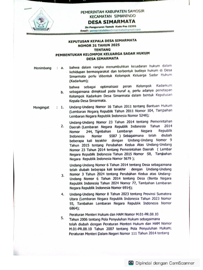 SK Kadarkum - Desa Simarmata - Kab. Samosir | PDF