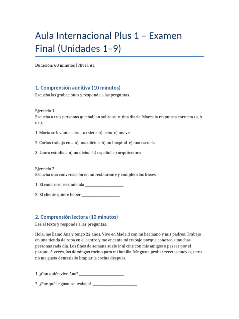 Examen Final Aula Internacional Plus 1 Estudiante Version Final ...