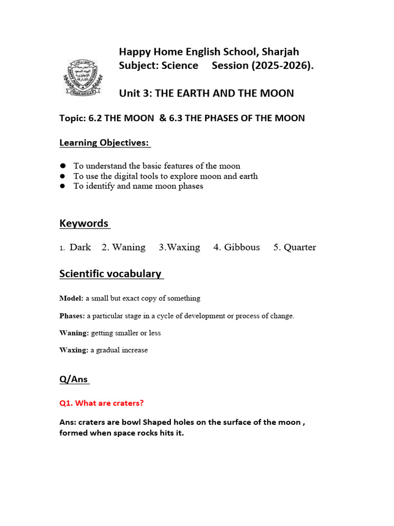 6.2 Moon & 6.3 The Phases of The Moon - Learning Notes | PDF