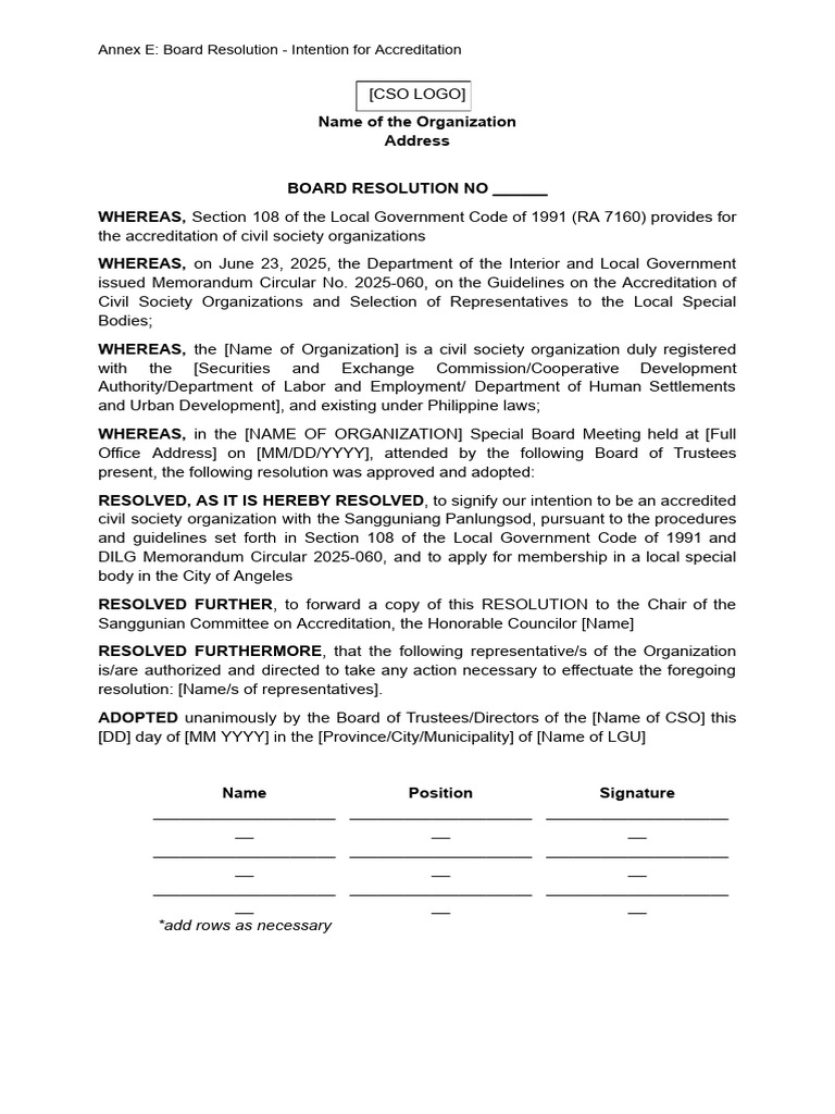 Board Resolution for CSO Accreditation | PDF | Government | Governance
