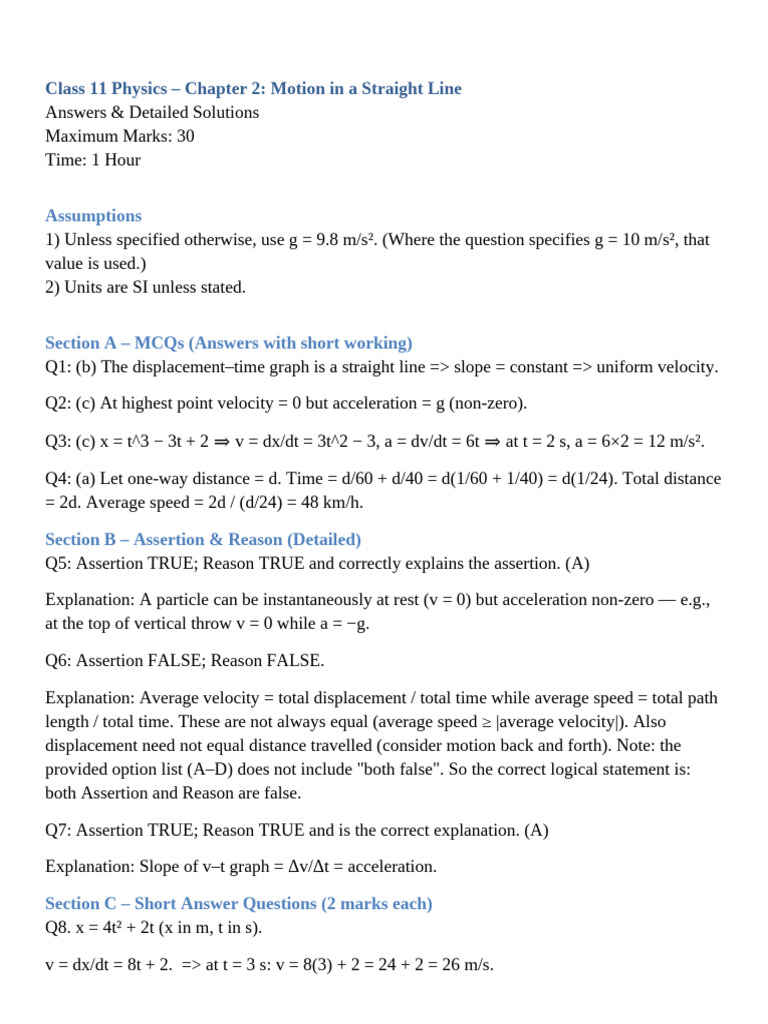 Class11 Physics Ch2 Solutions | PDF | Velocity | Speed