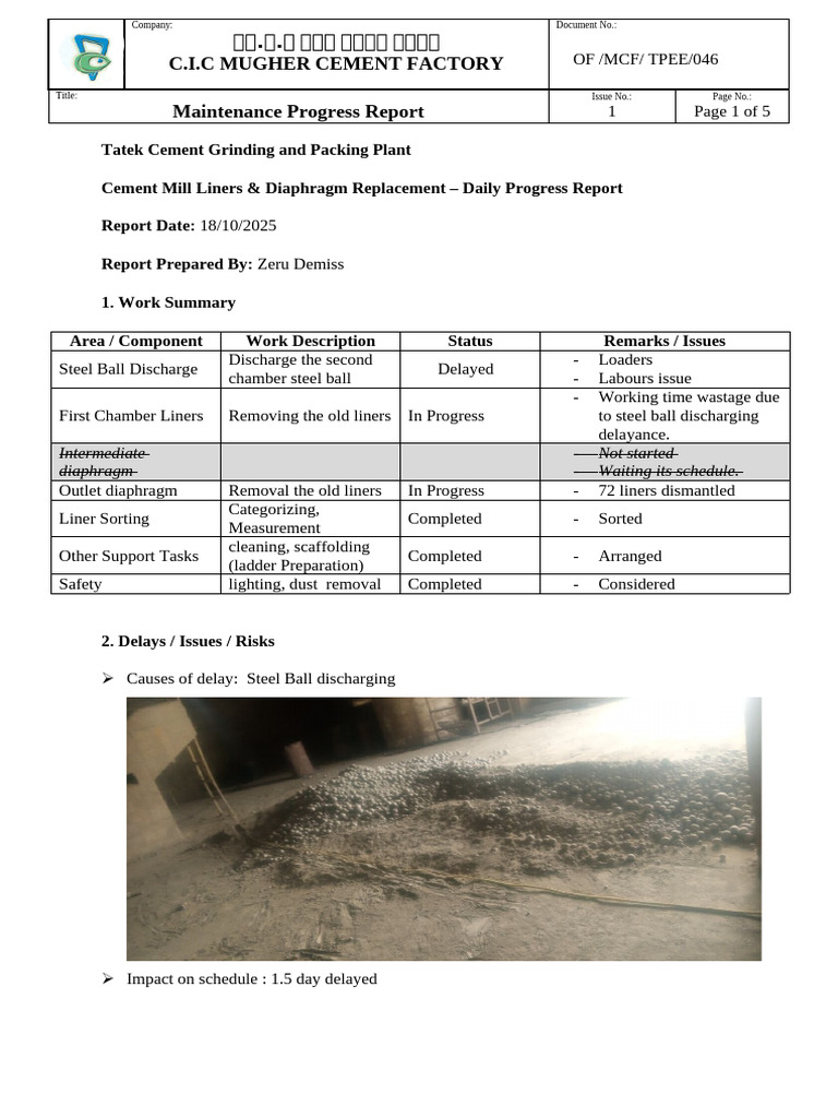 Cement Mill Maintenance Progress Report | PDF | Secondary Sector Of The ...