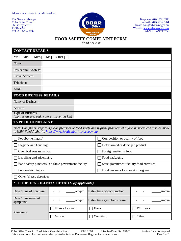 Food Safety Complaint Form | PDF | Food Safety | Foodborne Illness