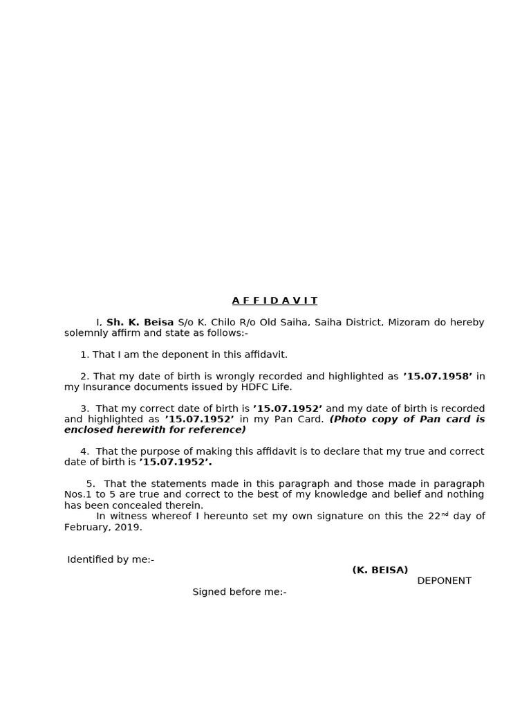 Affidavit for Correcting Date of Birth | PDF | Affidavit | Evidence