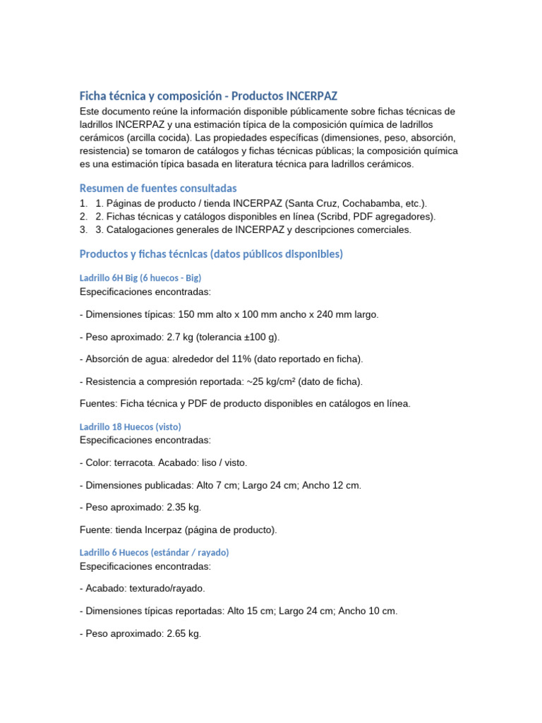Ficha Técnica Ladrillos INCERPAZ | PDF | Ladrillo | Cerámica