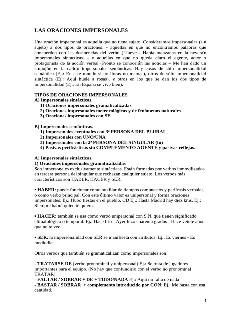 Las Oraciones Impersonales | PDF | Verbo | Asunto (gramática)
