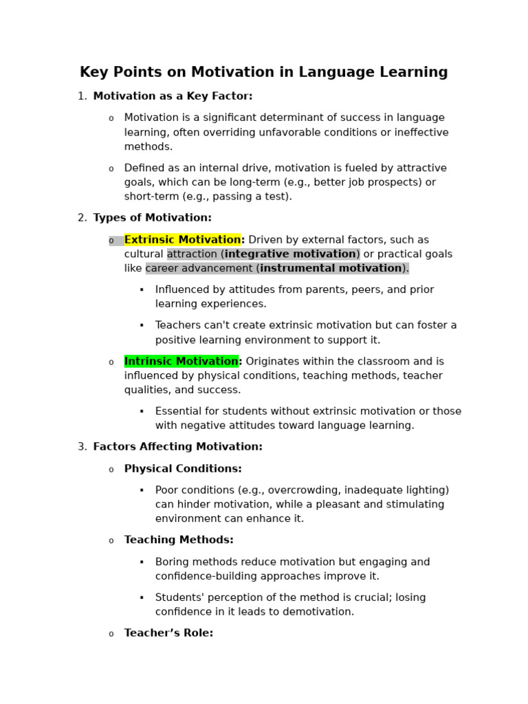 Key Points On Motivation in Language Learning | PDF | Motivational ...
