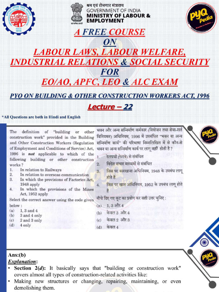 Lec 22 Pyqs On Building & Other Construction Worker Act, 1996 | PDF