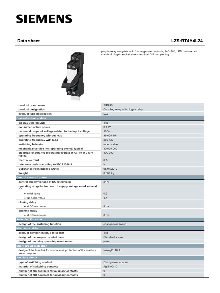 Siemens LZS:RT4A4L24 Relay Data Sheet | PDF | Relay | Fuse (Electrical)