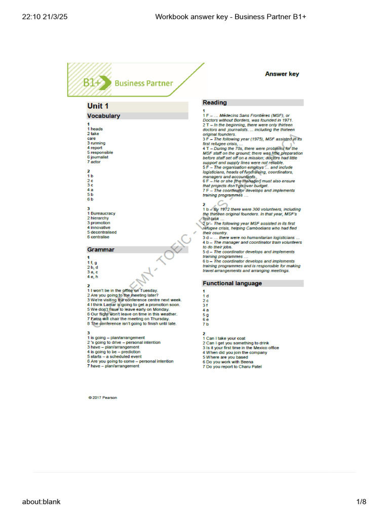 Business Partner B1+ Workbook Answers | PDF