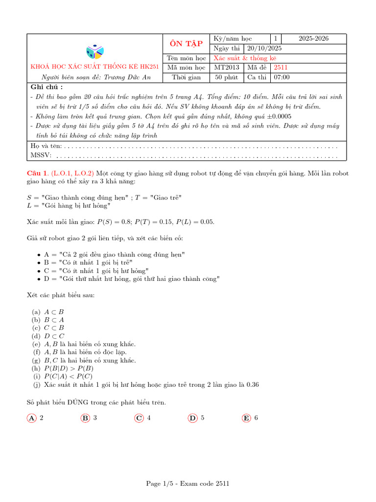 De - On - Tap - 1 - hk251 + Dap An (Chinhthuc) | PDF