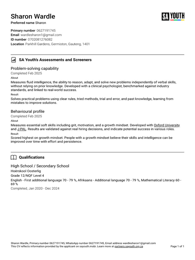 Sharon Wardle's Skills Assessment CV | PDF