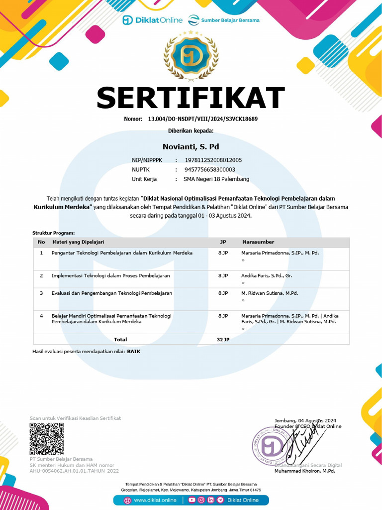 Sertifikat 4 Agustus 2024 Novi | PDF