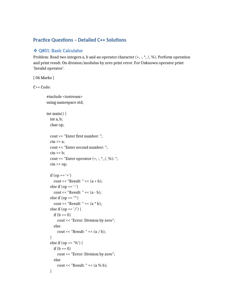 C++ Practice Questions Solutions | PDF | C++ | Software Engineering