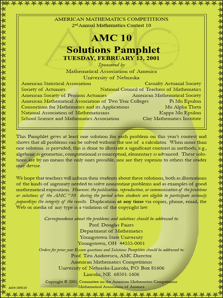 AMC 10 2001 Solutions Pamphlet | PDF | Mathematics