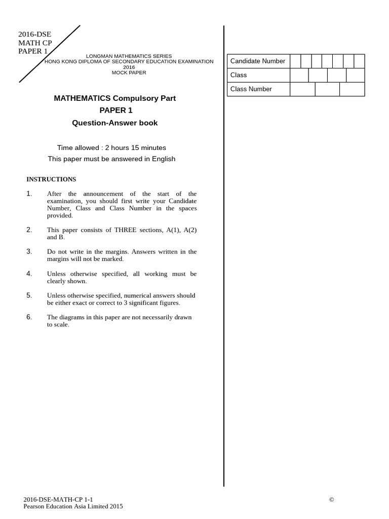 Mock 2016 Compulsory Part Paper 1 | PDF | Circle | Coordinate System