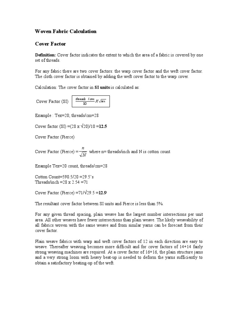 Woven Fabric Cover Factor Calculations | PDF | Weaving | Yarn