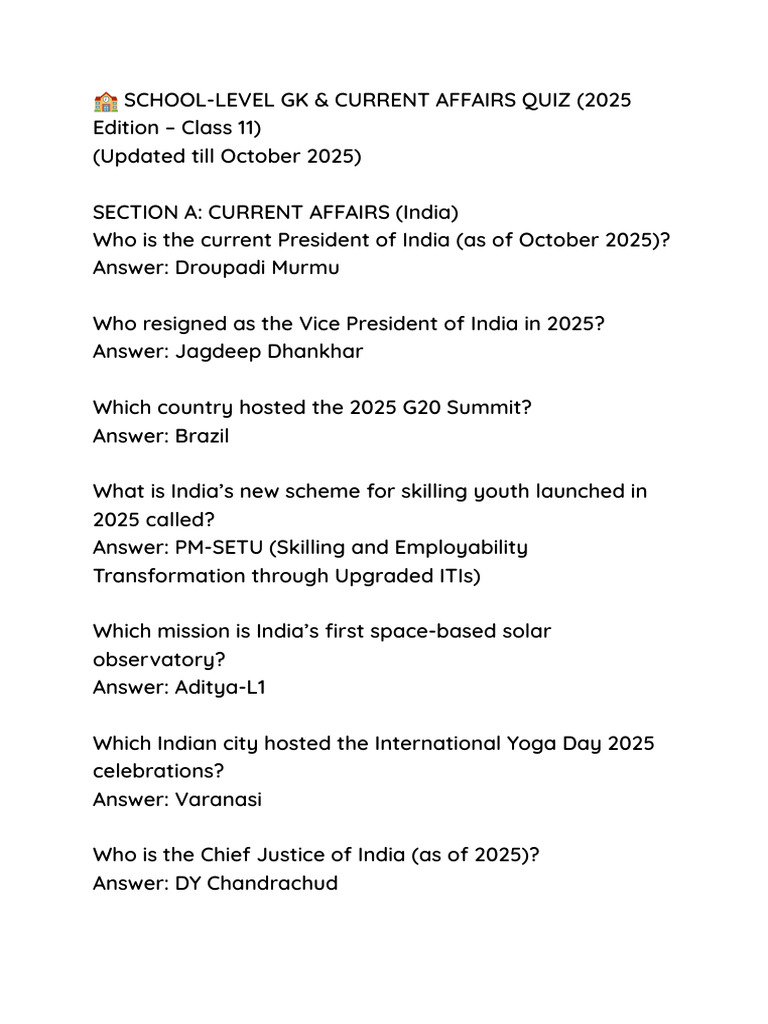 School-Level GK & Current Affairs Quiz | PDF