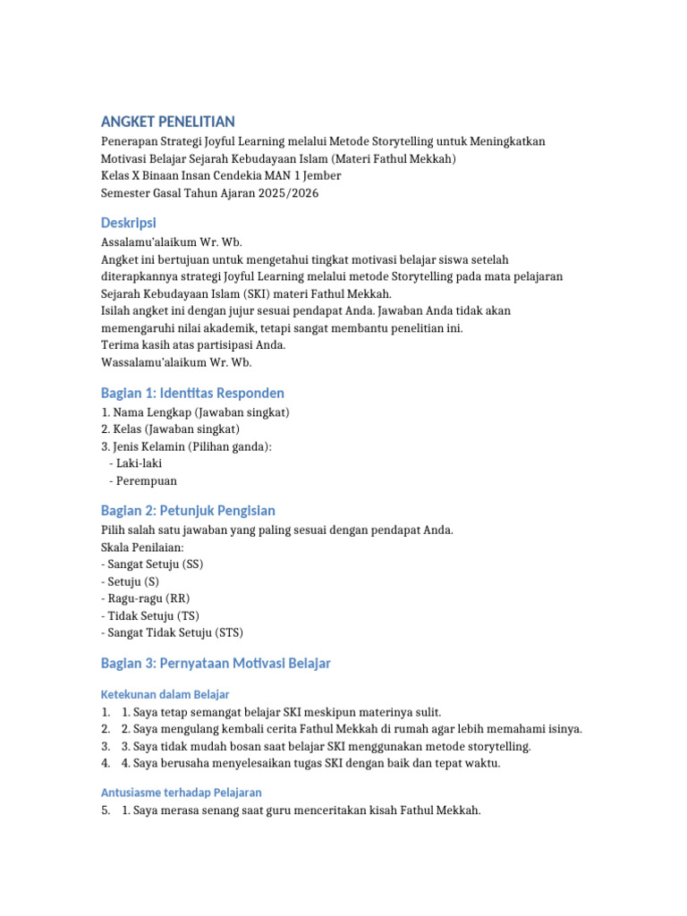 Angket Joyful Learning Storytelling | PDF