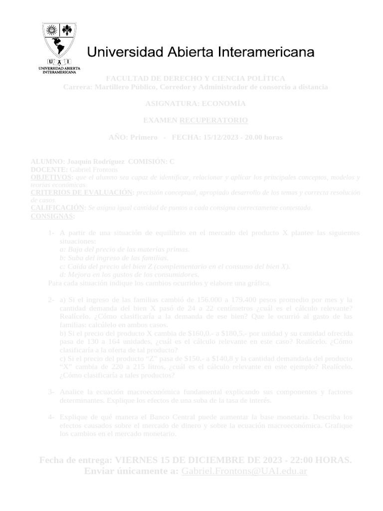 EXAMEN RECUPE Economía Martillero A Distancia 15 12 2023 20 HORAS | PDF ...
