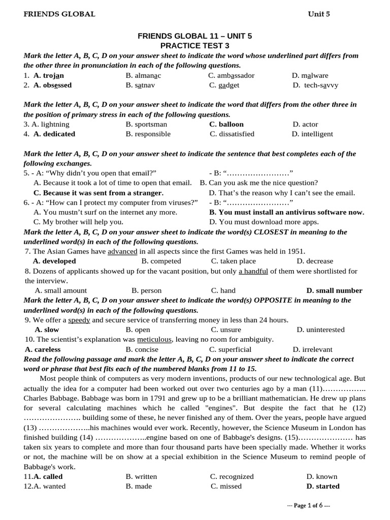 Tieng Anh 11 Friends Global - Unit 5 - Test 3 | PDF | Artificial ...