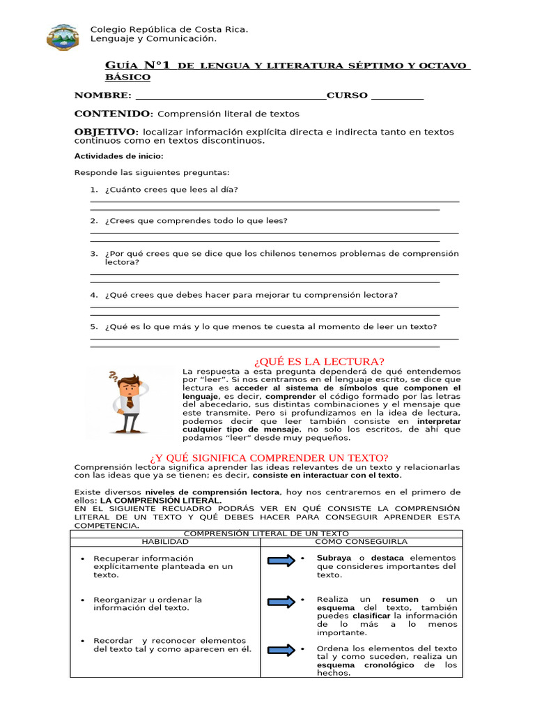 Guía de Comprensión Séptimo y Octavo. | PDF | Comprensión lectora ...