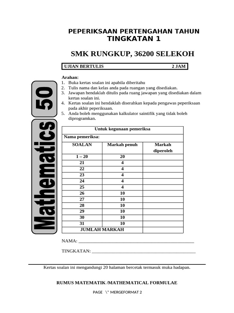 SMK Rungkup, 36200 Selekoh: Tingkatan 1 | PDF