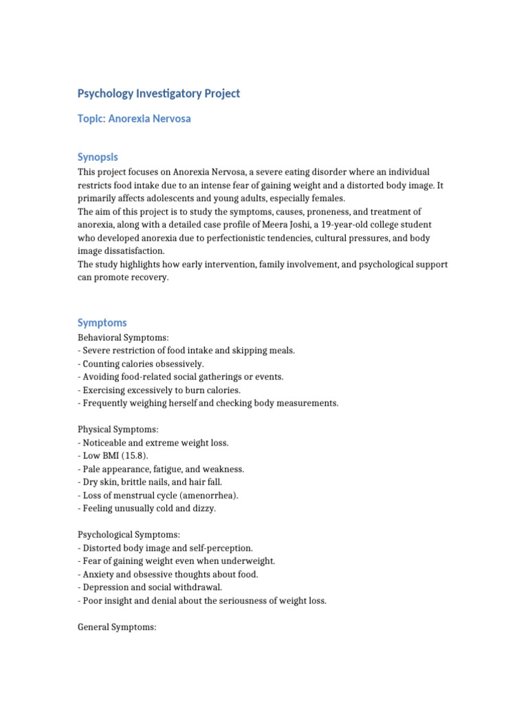 Psychology Project Anorexia Venika | PDF | Anorexia Nervosa | Mental ...