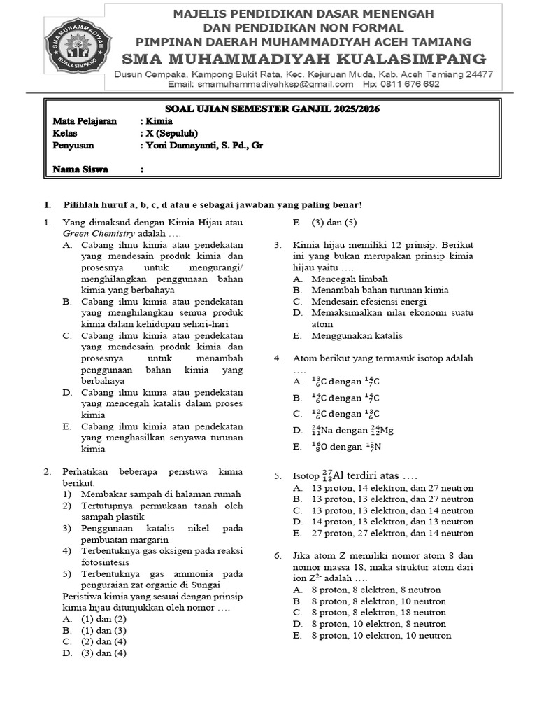 Soal UTS Kimia Kelas X | PDF