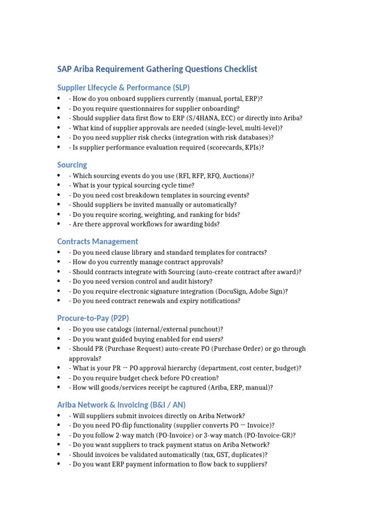 SAP Ariba Requirement Checklist | PDF | Enterprise Resource Planning ...