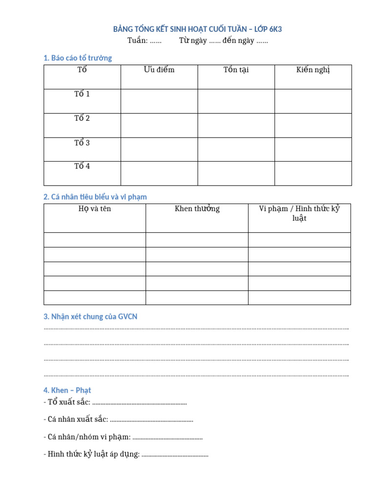 Bang Tong Ket Sinh Hoat Cuoi Tuan | PDF